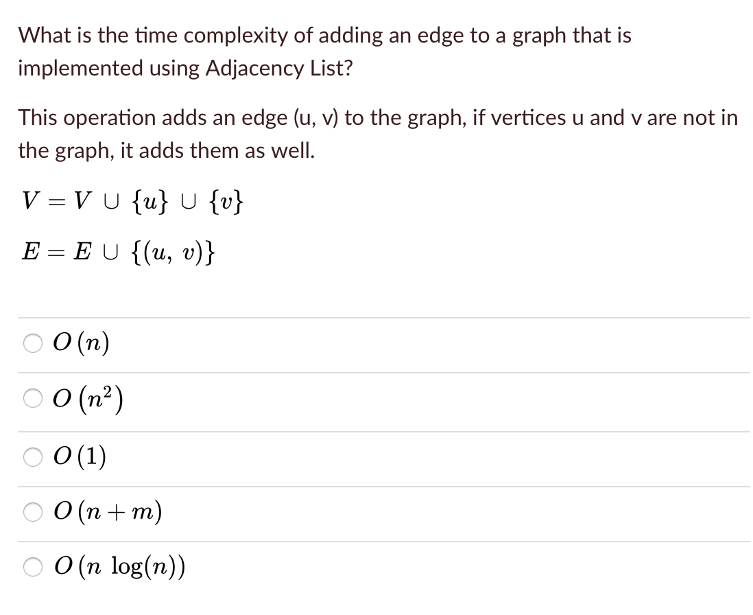 Solved What is the time complexity of adding an edge to a | Chegg.com