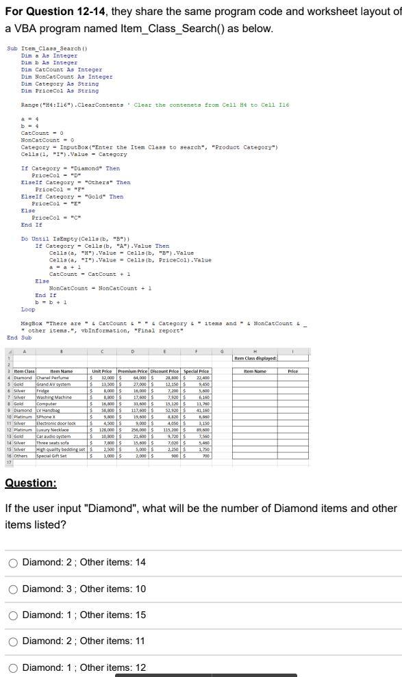 Solved a VBA program named Item_Class_Search() as below. " | Chegg.com