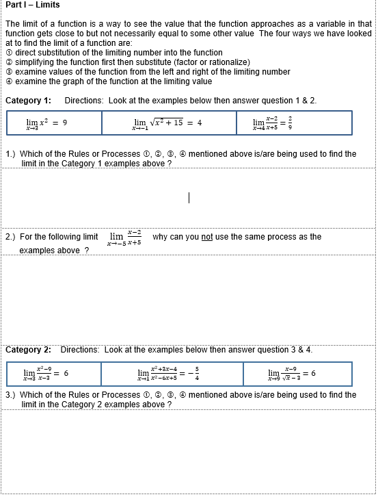 Solved Part I- Limits The limit of a function is a way to | Chegg.com