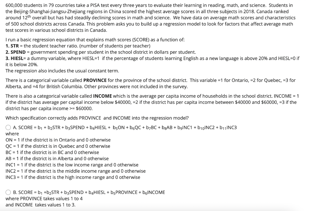 Solved 600,000 students in 79 countries take a PISA test | Chegg.com
