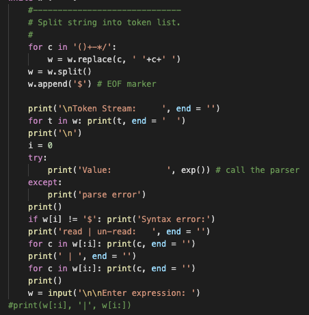 Solved 1 This program implements a recursive descent parser | Chegg.com