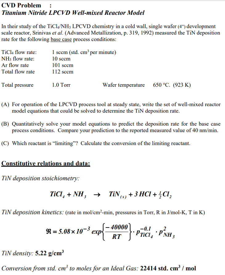 Solved CVD ﻿Problem :Titanium Nitride LPCVD ﻿Well-mixed | Chegg.com