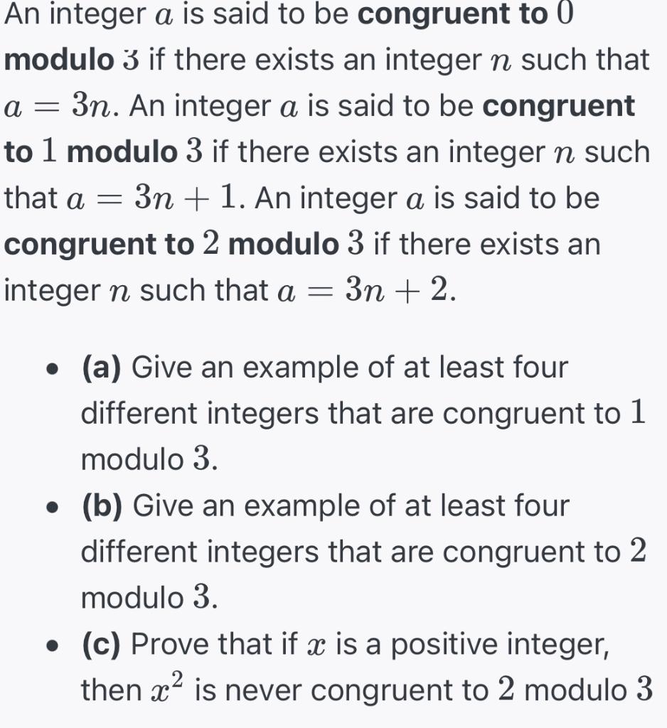 Solved An integer a is said to be congruent to 0 modulo 3 if | Chegg.com