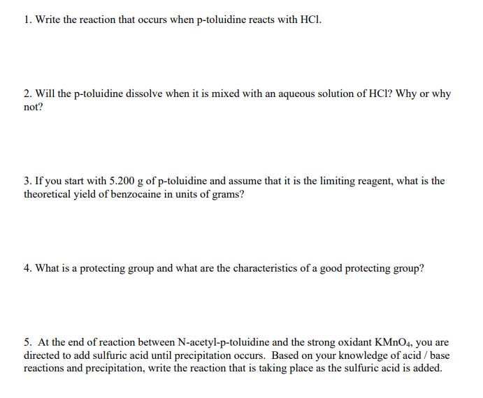 Solved 1 Write The Reaction That Occurs When P Toluidine