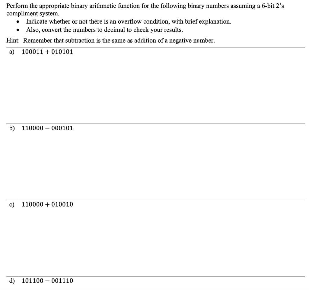 Solved Perform The Appropriate Binary Arithmetic Function 
