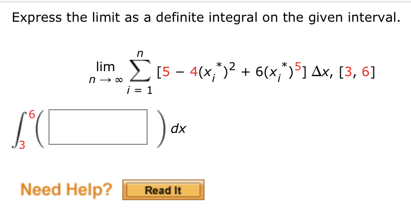 Solved Express the limit as a definite integral on the given | Chegg.com