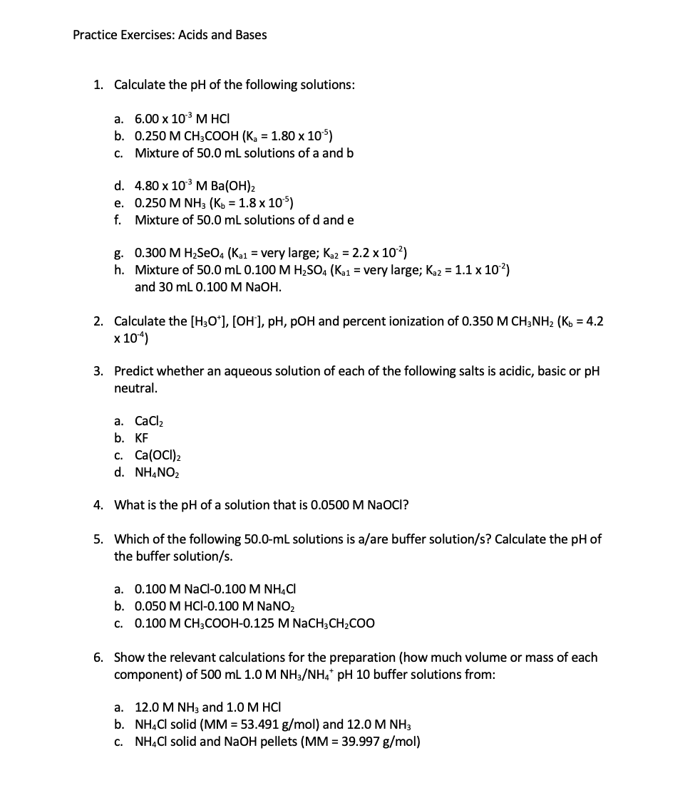 Solved Practice Exercises: Acids and Bases 1. Calculate the | Chegg.com