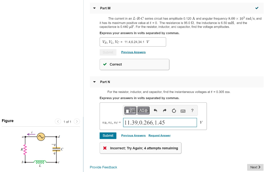 Solved Part M The current in an L-R-C series circuit has | Chegg.com