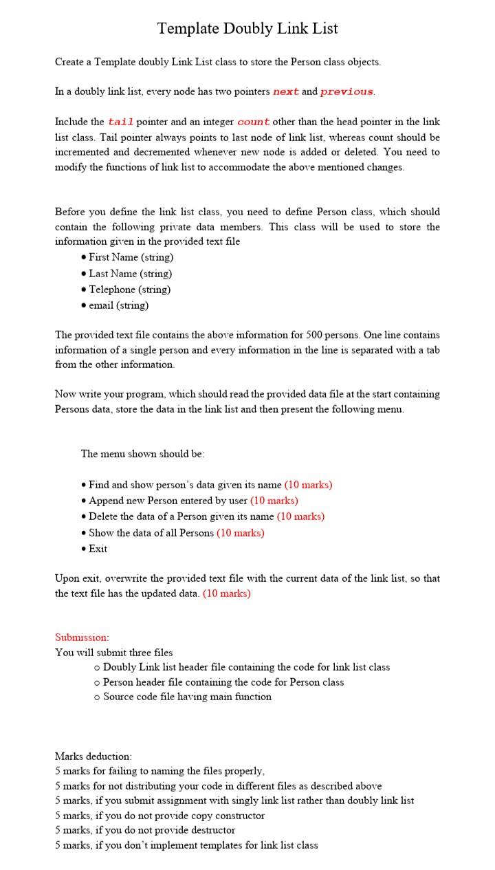 Template Doubly Link List Create a Template doubly | Chegg.com