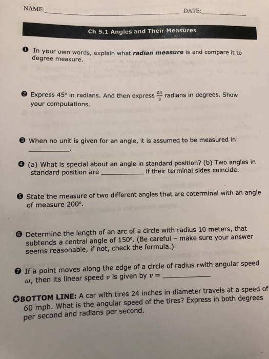 Solved NAME: DATE: Ch 5.1 Angles and Their Measures O In | Chegg.com