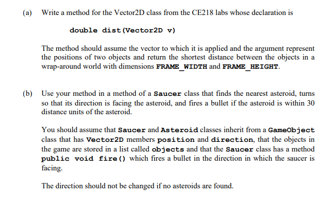 (a) Write a method for the Vector2D class from the | Chegg.com