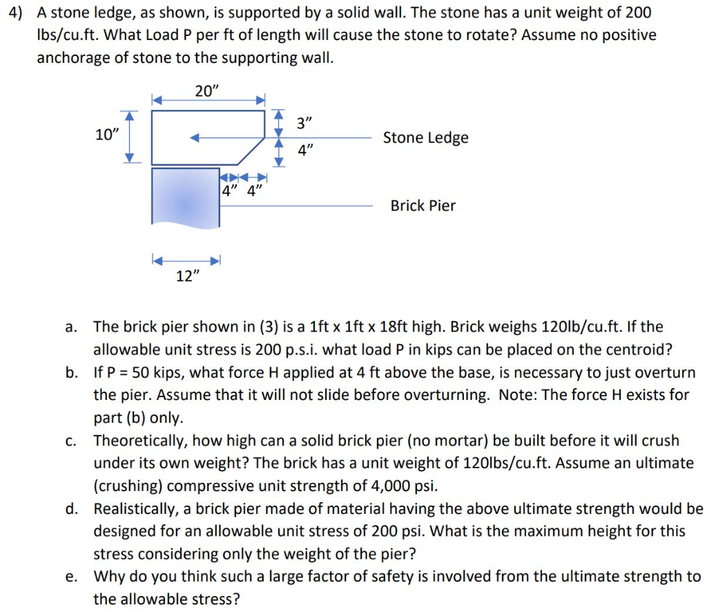 Solved 4) A stone ledge, as shown, is supported by a solid | Chegg.com