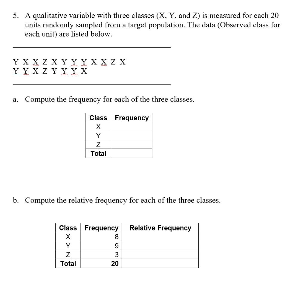 Solved 5. A qualitative variable with three classes (X, Y, | Chegg.com