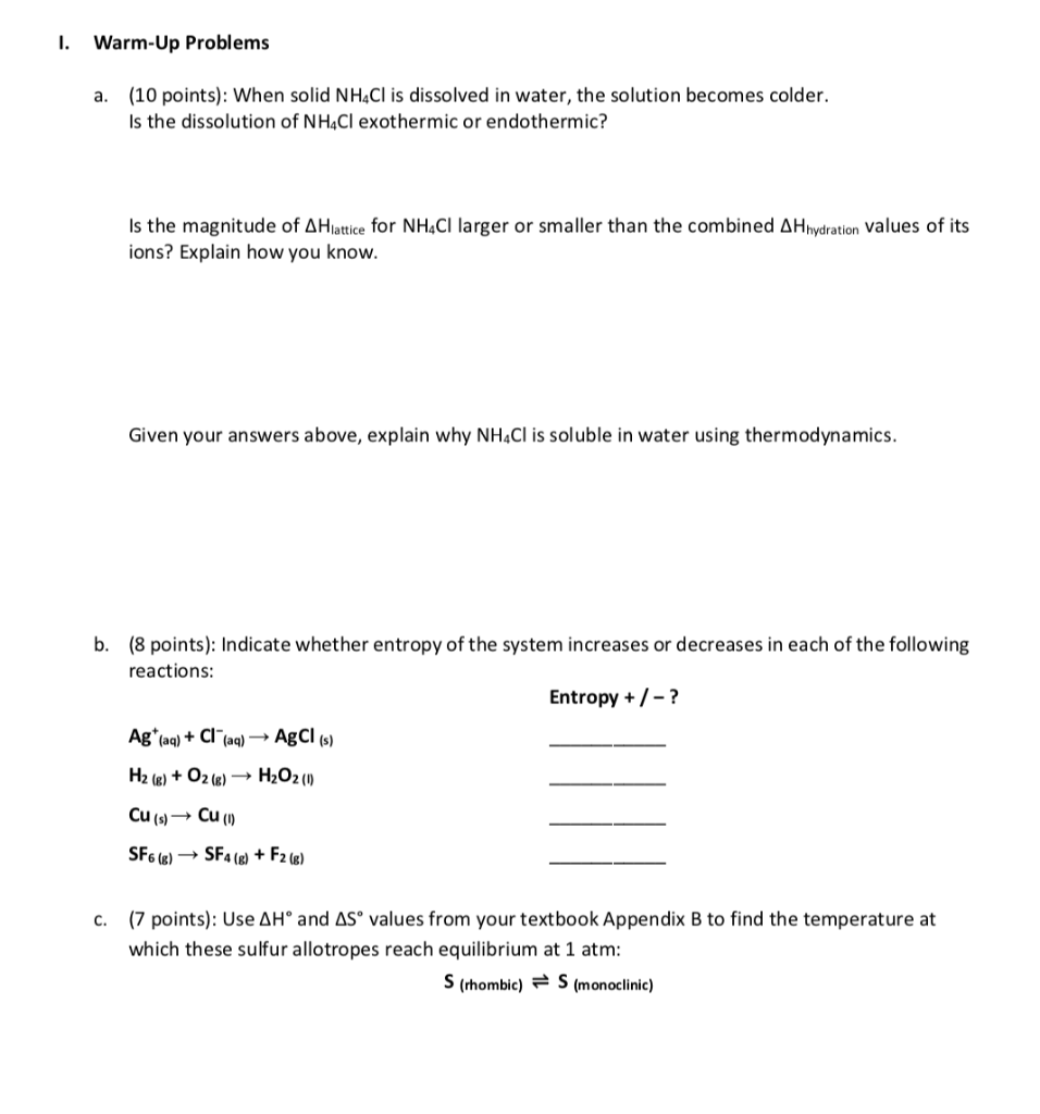 Solved I. Warm-Up Problems a. (10 points): When solid NH4Cl | Chegg.com