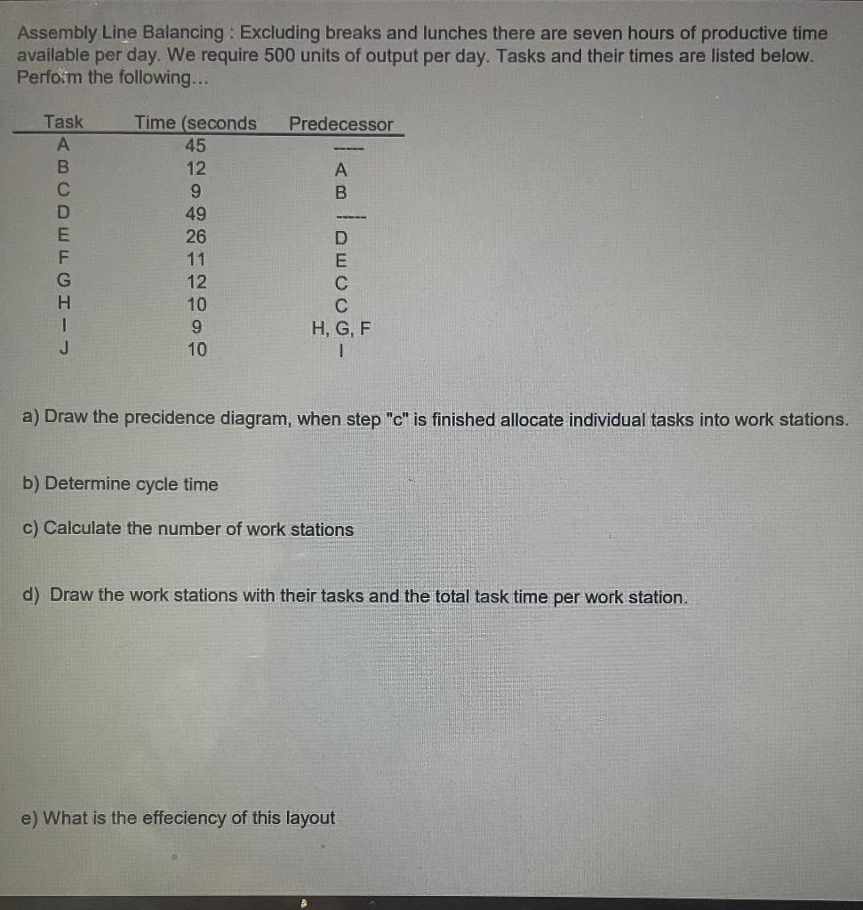 Solved Assembly Line Balancing : Excluding breaks and | Chegg.com