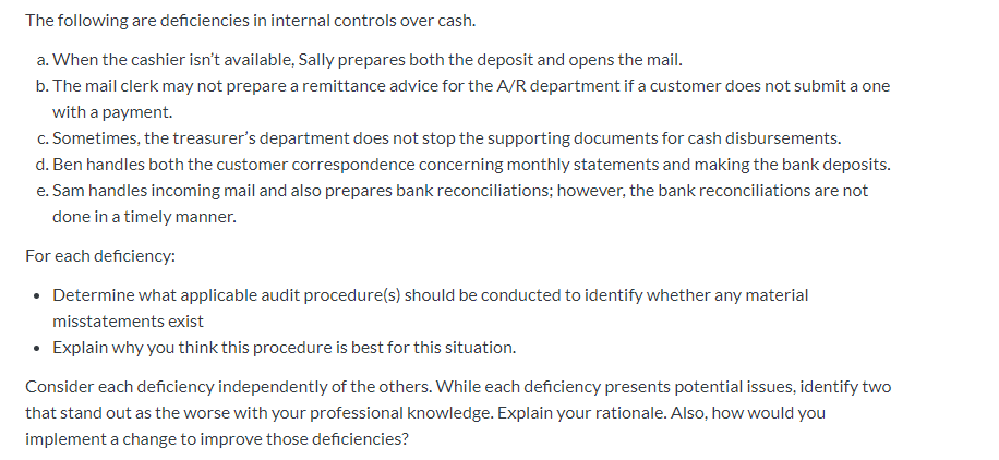 Solved The following are deficiencies in internal controls | Chegg.com