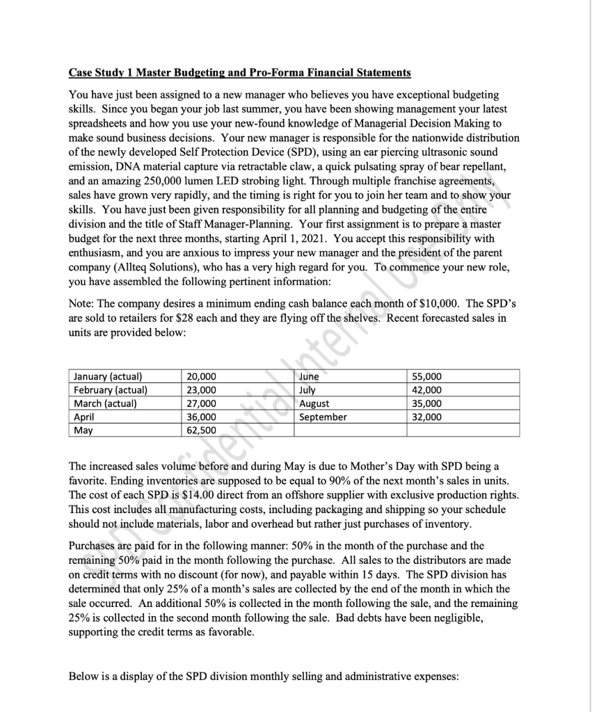 Solved Case Study 1 Master Budgeting and Pro-Forma Financial | Chegg.com