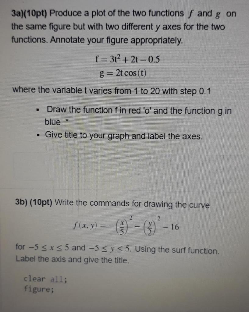 Solved 3a)(10pt) Produce a plot of the two functions f and g | Chegg.com