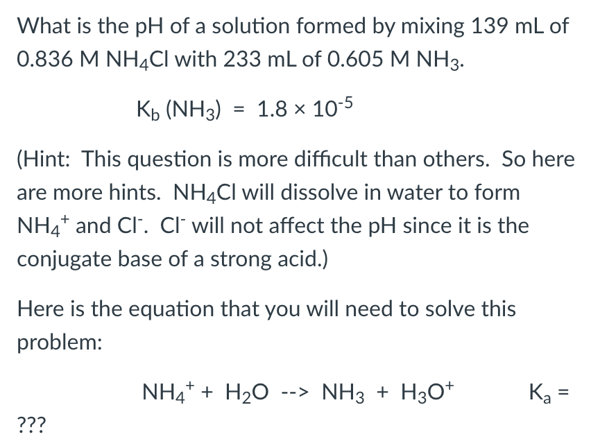 Solved What is the pH of a solution formed by mixing 139 mL | Chegg.com