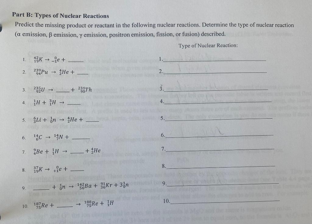 Solved Part B: Types of Nuclear Reactions Predict the | Chegg.com