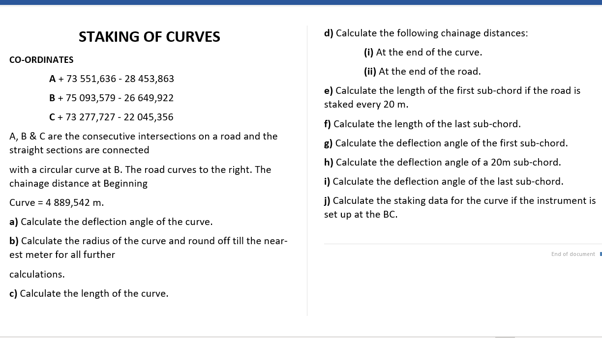 Solved STAKING OF CURVES d) Calculate the following chainage | Chegg.com