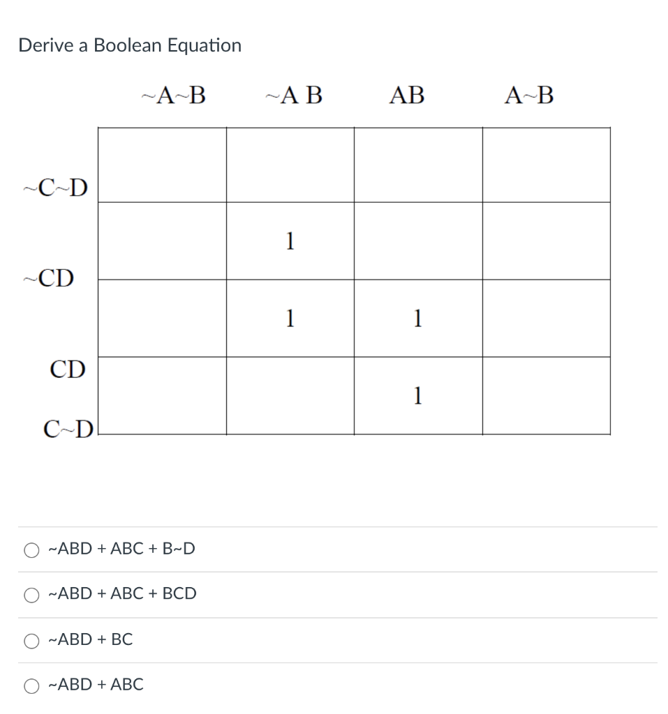 Solved Derive a Boolean Equation ~A-B -AB AB A-B C D 1 ~CD 1 | Chegg.com