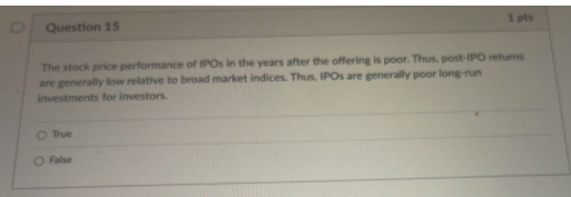 1 pts Question 15 The stock price performance of IPOs | Chegg.com