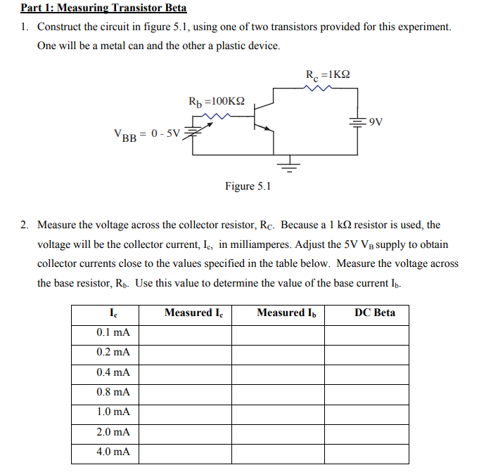 Solved Part 1: Measuring Transistor Beta 1. Construct the | Chegg.com Solved Part 1: Measuring Transistor Beta 1. Construct the | Chegg.com