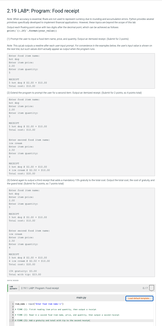 Solved 2.19 LAB*: Program: Food receipt Note: When accuracy | Chegg.com