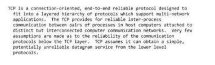 Solved Section 1.1 of RFC 793 describes TCP in the following | Chegg.com