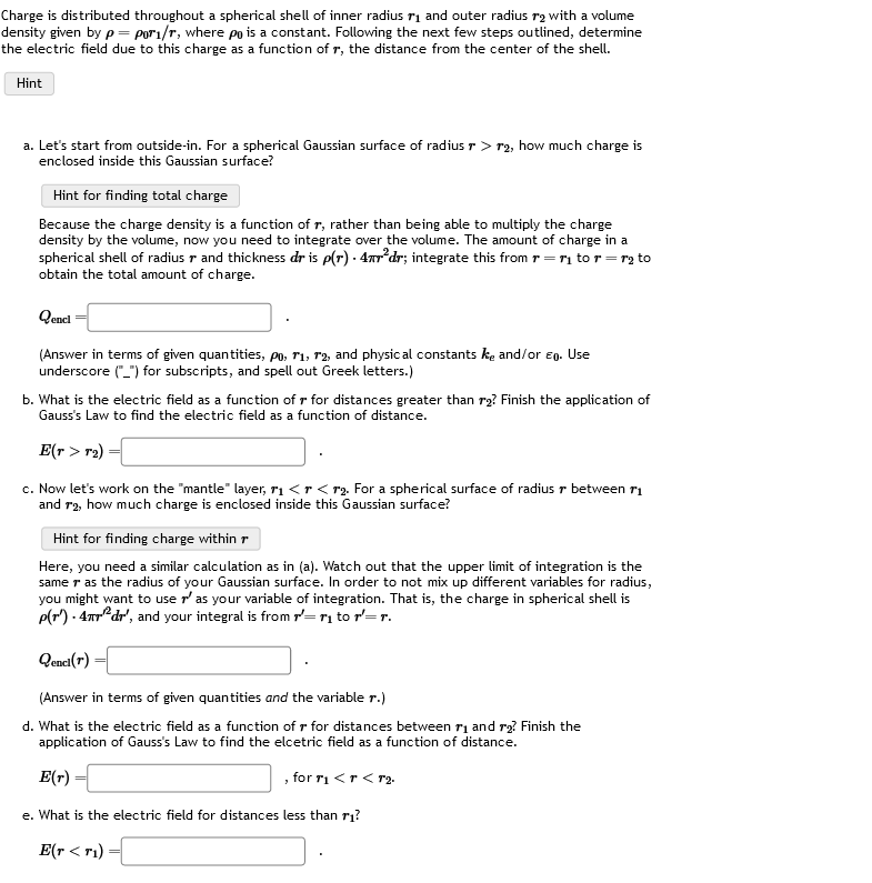 Solved Charge is distributed throughout a spherical shell of | Chegg.com