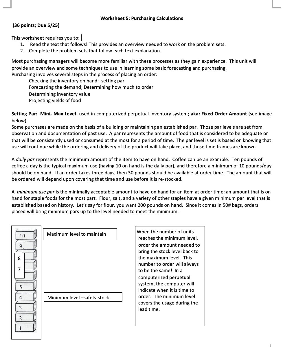 Worksheet 5: Purchasing Calculations (36 points; Due | Chegg.com