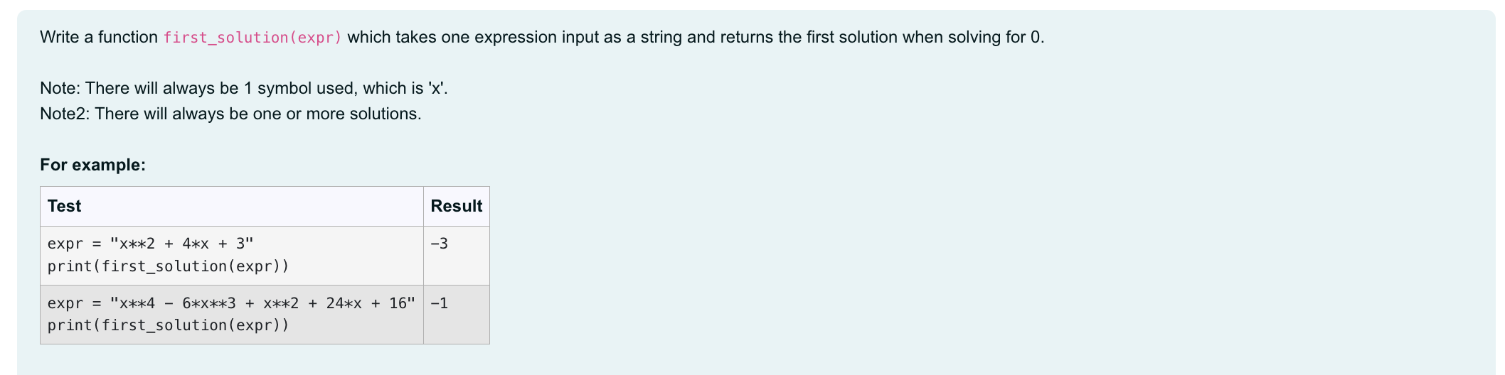 Solved Write a function first_solution (expr) which takes | Chegg.com