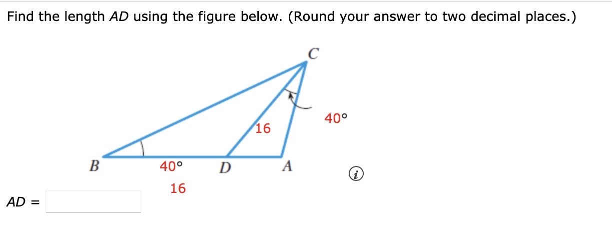 Solved Find the length AD ﻿using the figure below. (Round | Chegg.com