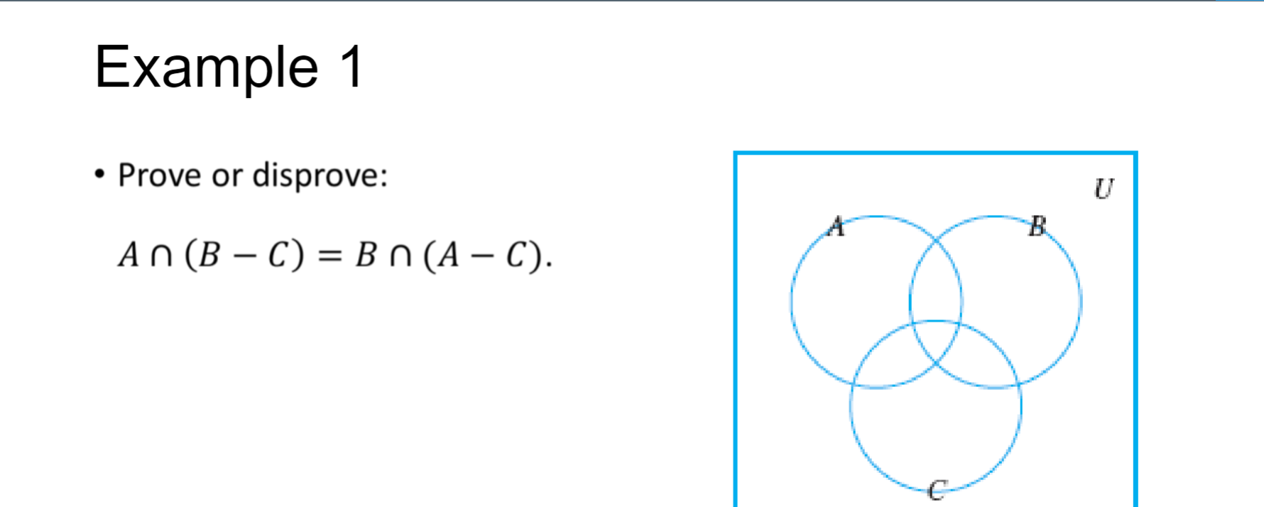 Solved - Prove or disprove: A∩(B−C)=B∩(A−C) | Chegg.com