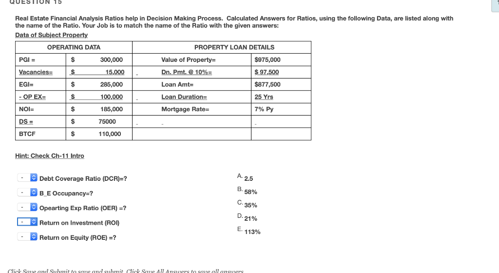 Solved QUESTIUN 15 Real Estate Financial Analysis Ratios | Chegg.com