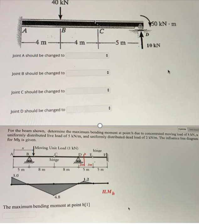 Solved 40 KN 650 kN.m А ІВ с -4 m -4 m -5 m 10 kN Joint A | Chegg.com