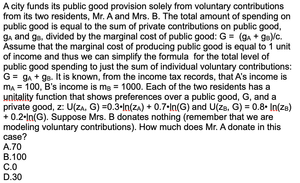 Solved A city funds its public good provision solely from | Chegg.com