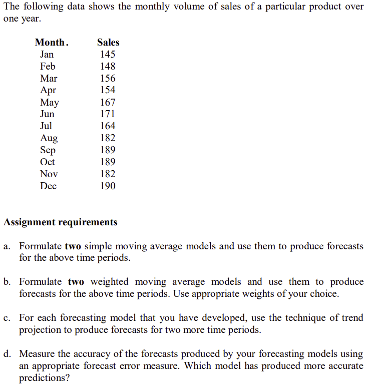 Solved The following data shows the monthly volume of sales | Chegg.com