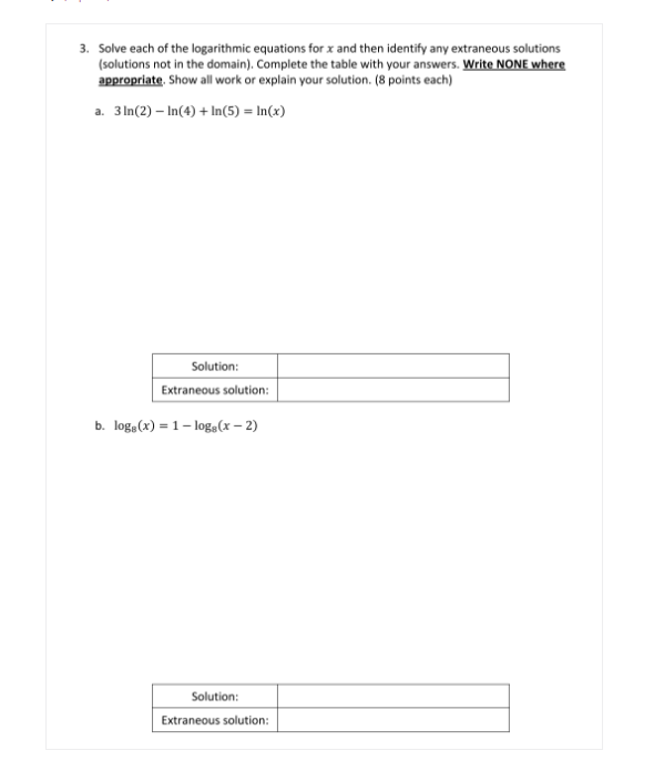 Solved 3. Solve each of the logarithmic equations for x and | Chegg.com
