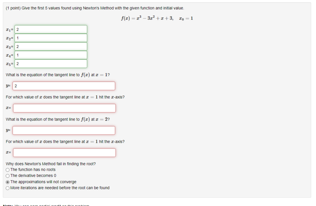 Solved (1 point) Give the first 5 values found using | Chegg.com
