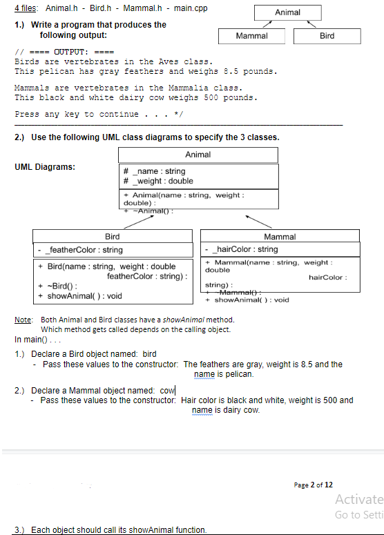 4 files Animal.h - Bird.h - Mammal.h - main.cpp | Chegg.com