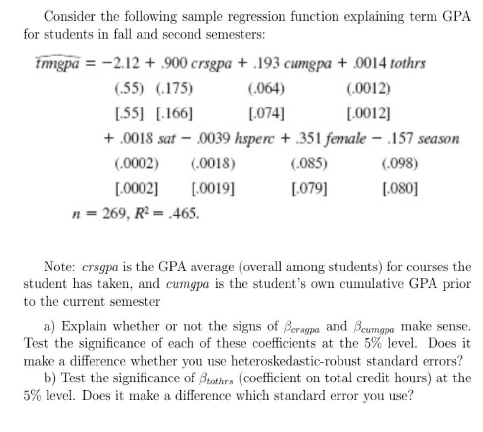 Consider the following sample regression function | Chegg.com