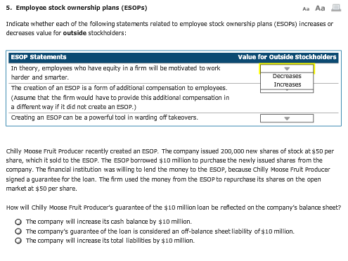 5. Employee stock ownership plans (ESOPs) Aa Aa | Chegg.com