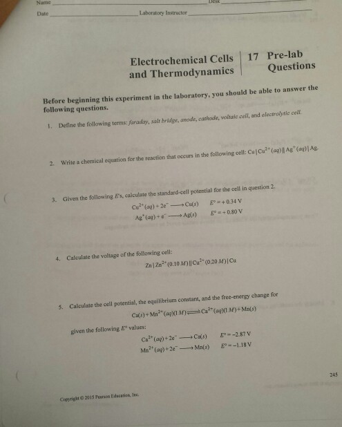 Solved Name Date Laboratory Instructor Electrochemical Cells | Chegg.com