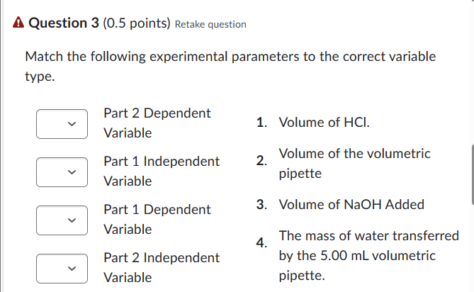 Solved Match the following experimental parameters to the | Chegg.com