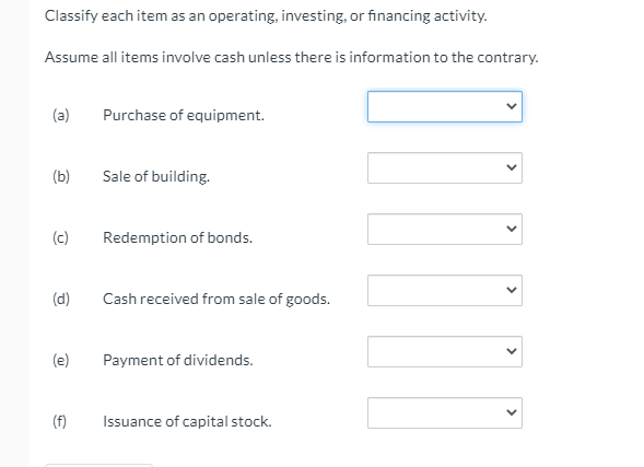 Solved Classify each item as an operating, investing, or | Chegg.com