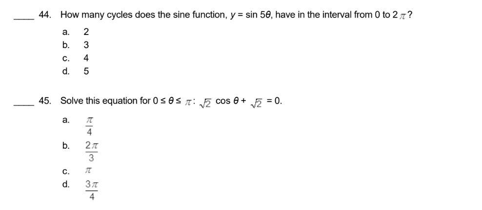 Solved 44. How many cycles does the sine function, y = sin | Chegg.com