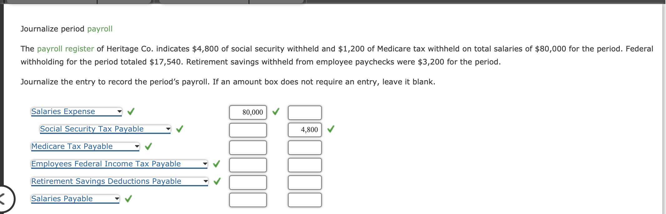 Solved The payroll register of Heritage Co. indicates $4,800 | Chegg.com