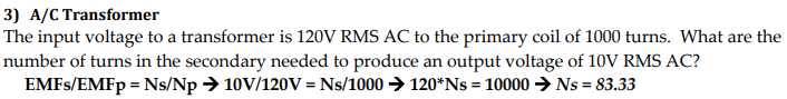 Solved The input voltage to a transformer is 120v rms AC to | Chegg.com